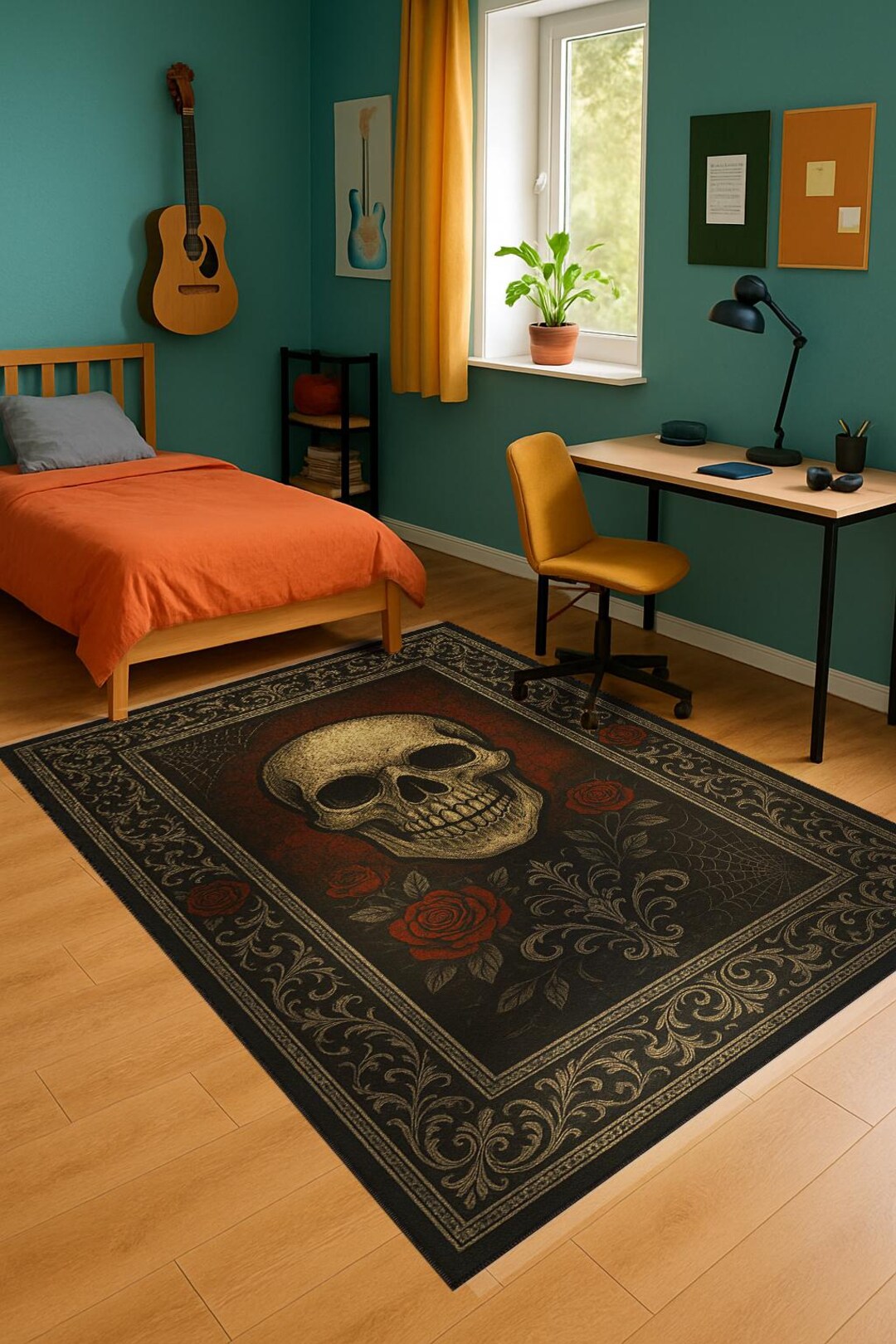 Skull and Roses Gothic Rug – Dark Vintage Punk Carpet, Washable Non ...