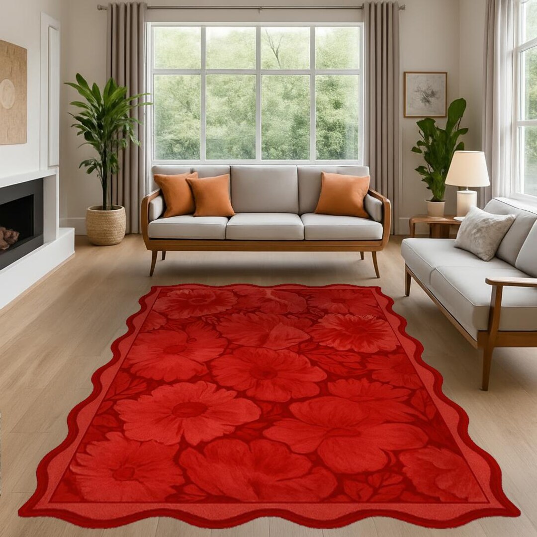 Crimson Bloom Rug – Deep Red Retro Floral Carpet With Scalloped Edges ...