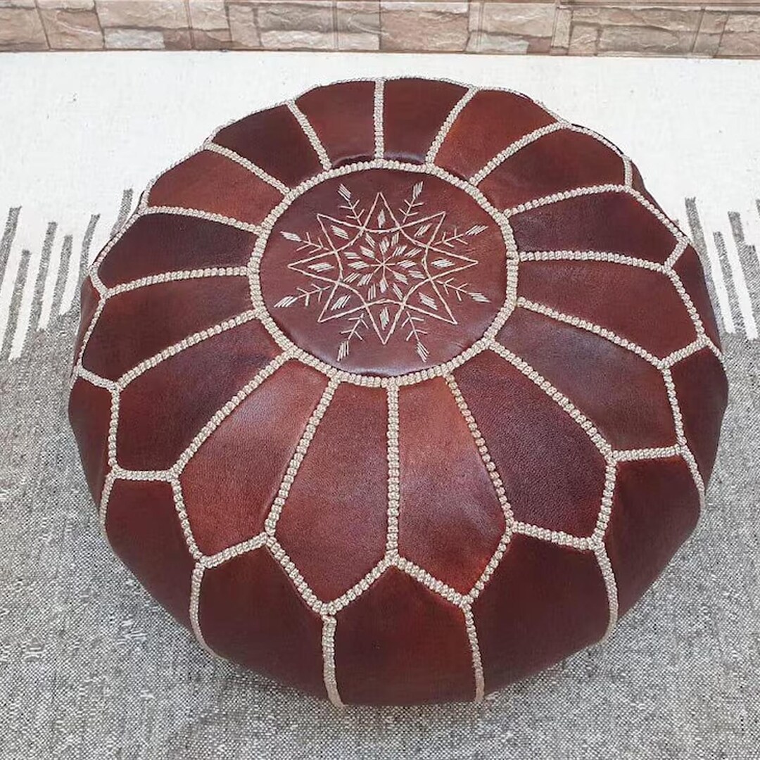 Boho Moroccan Leather Pouf Ottoman – Handmade Artisan Footstool ...