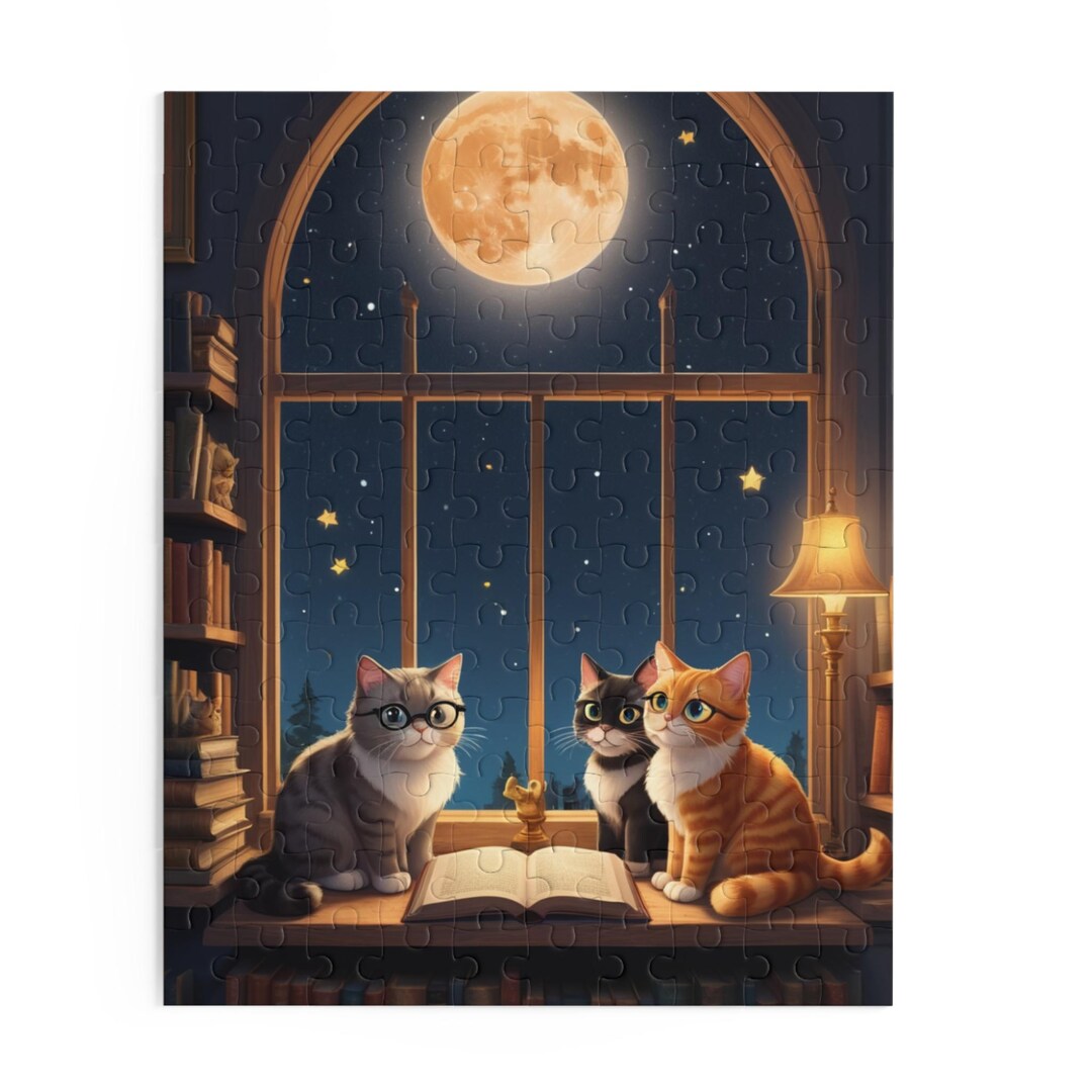 Cozy Cats in Night Library Puzzle - Whimsical Bookish Gift for Readers ...