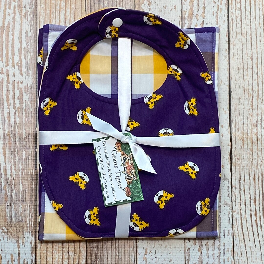 Tiger Faces and Purple and Gold Reversible Bib OR Bib and Burp Cloth ...