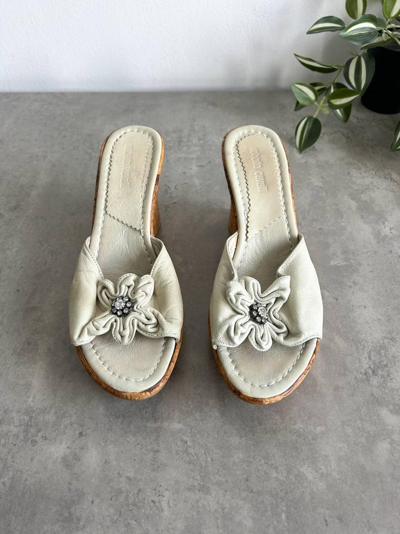 Vintage Y2K Roberto Cavalli Cork Wedge Sandals Leather Shoes Heels ...