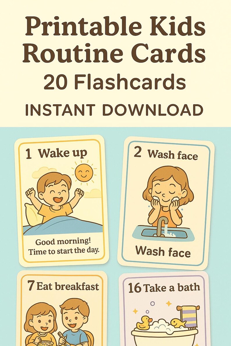 Daily Routine Cards for Kids – 20 Printable Flashcards – 5x7 Inch ...