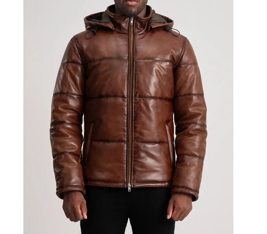 Waxed Brown Leather Puffer Jacket: Mens Hooded Winter Coat - Etsy