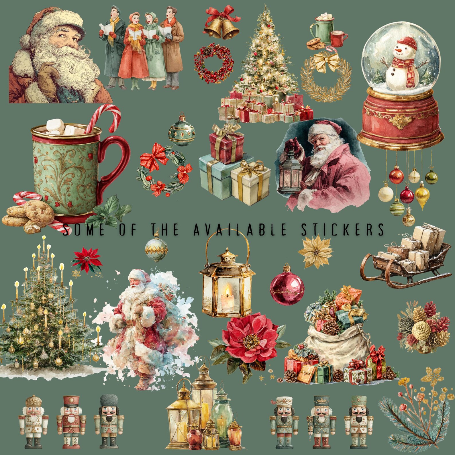 Watercolor Vintage Christmas Digital Downloadable Stickers (PNG ...