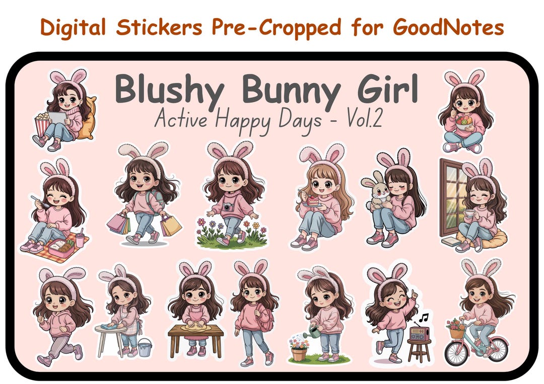 Kawaii Bunny Girl Digital Stickers: Goodnotes Planner Pngs (instant ...