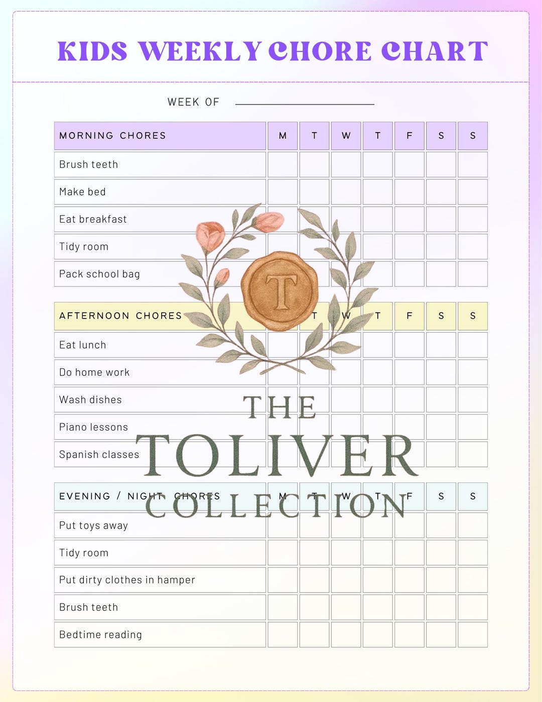 Kids Weekly Chore Chart Printable | Editable Chore Chart for Kids ...