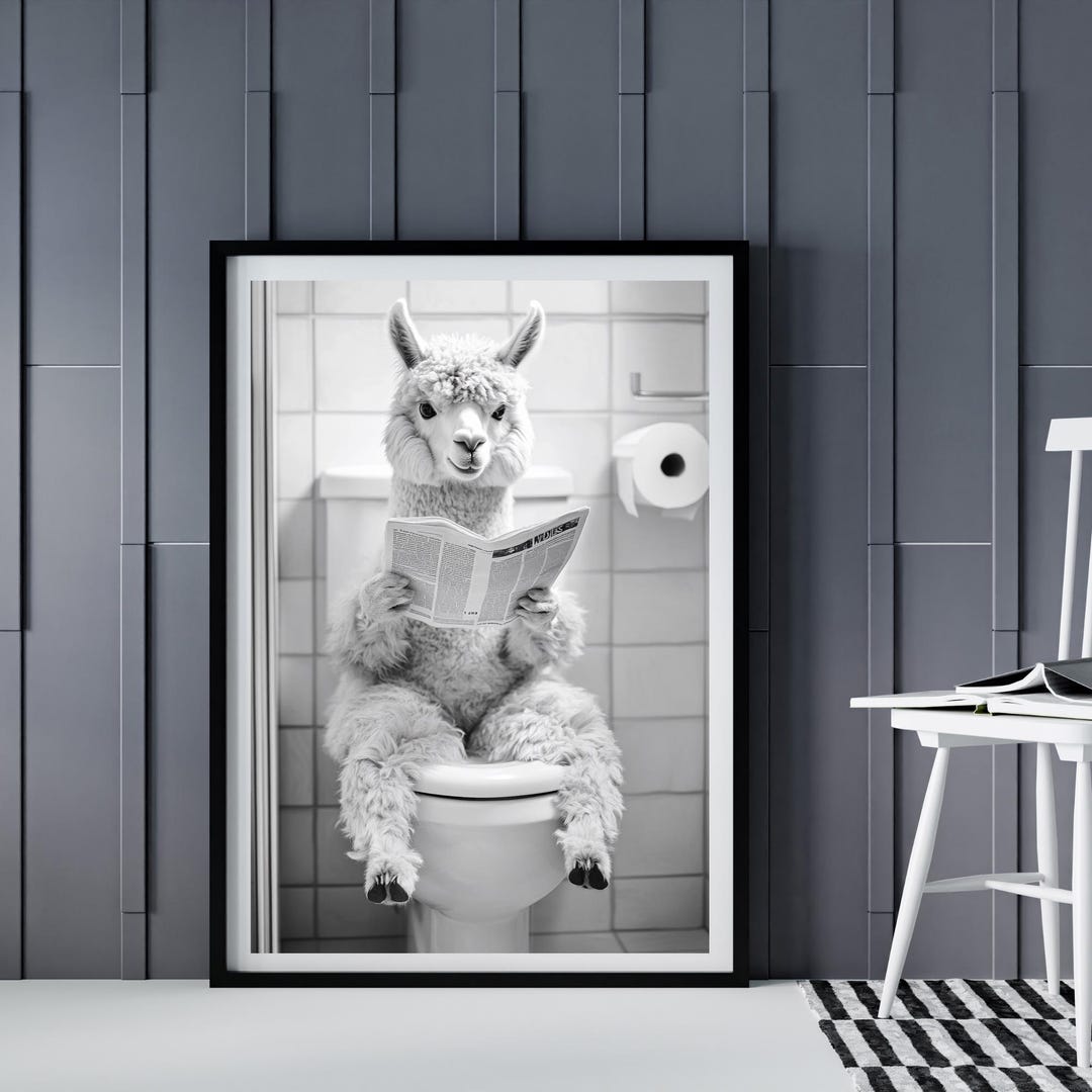 Funny Alpaca on Toilet Reading Newspaper, AI Bathroom Wall Art Print ...