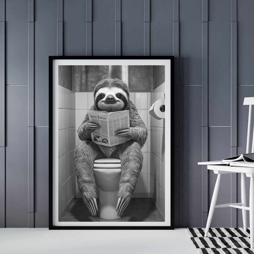 Funny Sloth on Toilet Reading Newspaper, AI Bathroom Wall Art Print ...