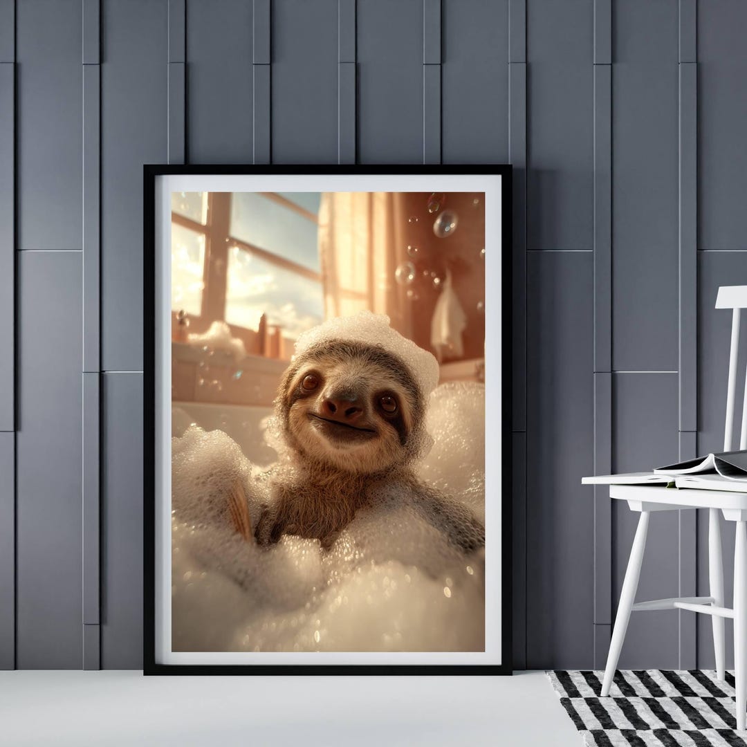 Funny Sloth Wall Art Bathroom Decor, Whimsical Bubble Bath Animal ...