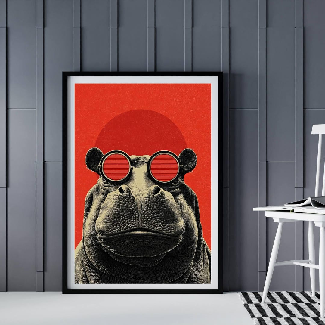 Quirky Hippo Wall Art Bauhaus Print – Whimsical Minimalist Animal ...