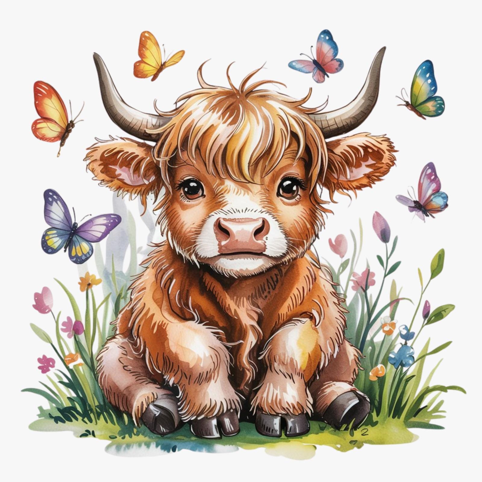 Highland Cow Butterfly Clipart, Cute Cartoon Highland Cows Butterflies ...