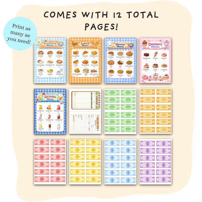 Play Restaurant Set for Kids | Pretend Food Menu, Order Form, Check ...