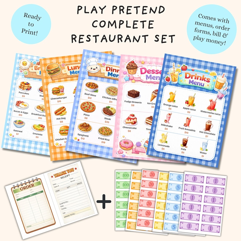 Play Restaurant Set for Kids | Pretend Food Menu, Order Form, Check ...
