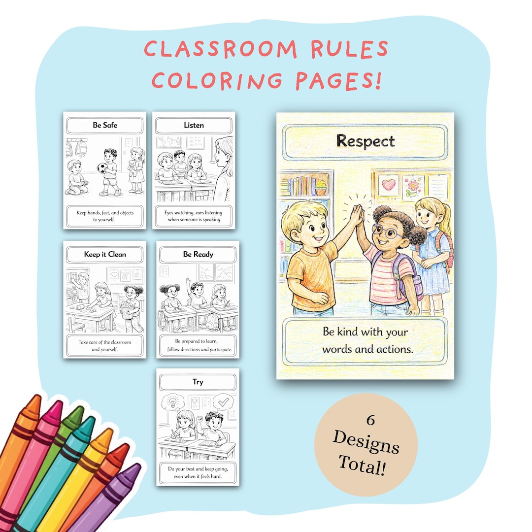 Classroom Rules Coloring Pages Set | 6x Kid Color in Sheets for ...
