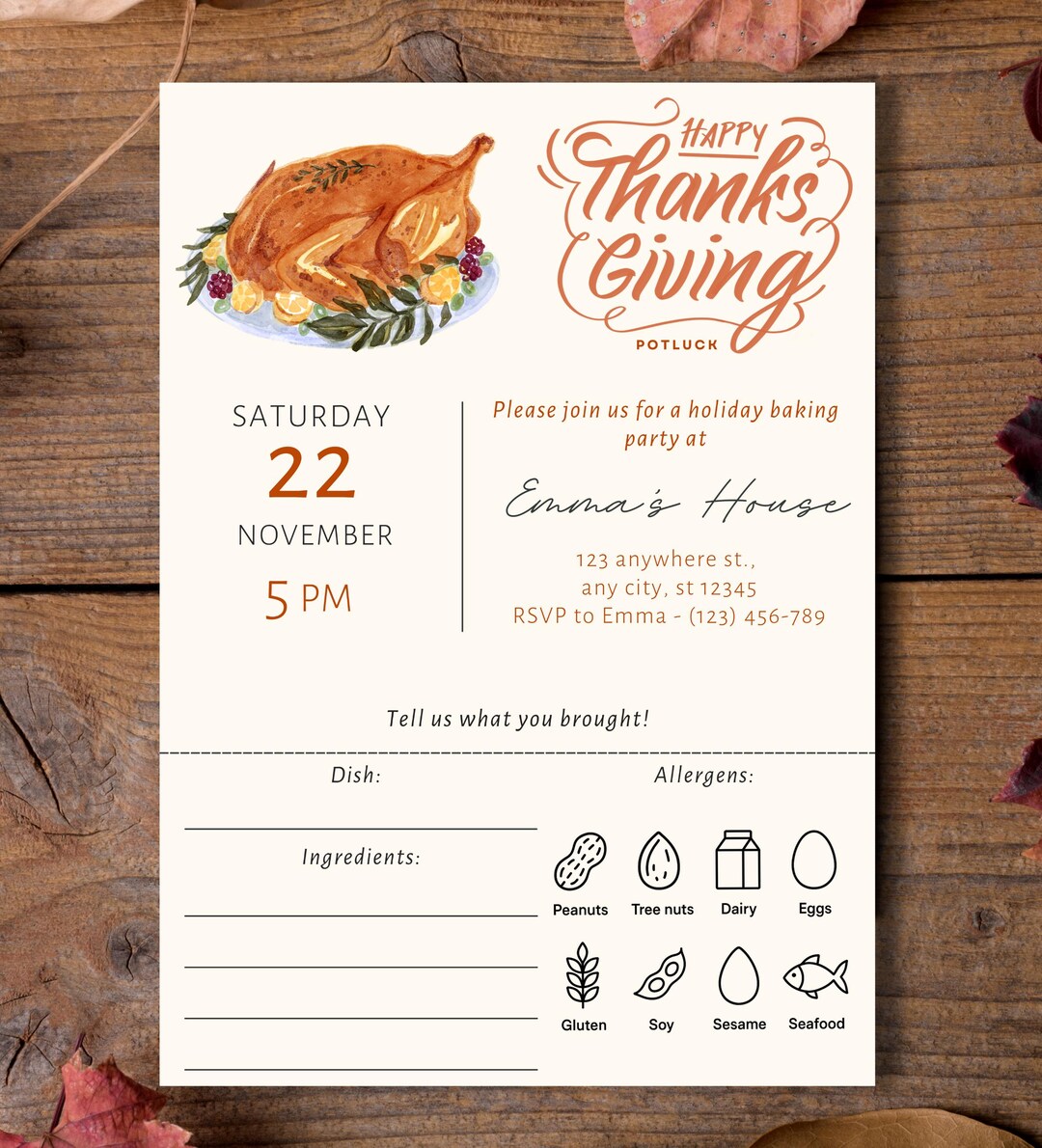 Thanksgiving Potluck Dinner Invitation With Interactive Food Label ...