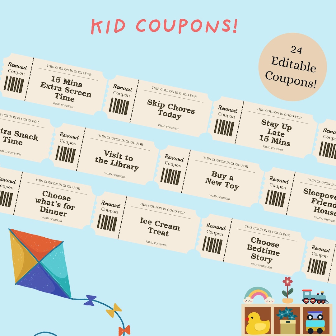 Kids Reward Coupon Set | 24 Editable Printable Coupons | Fun Incentives ...