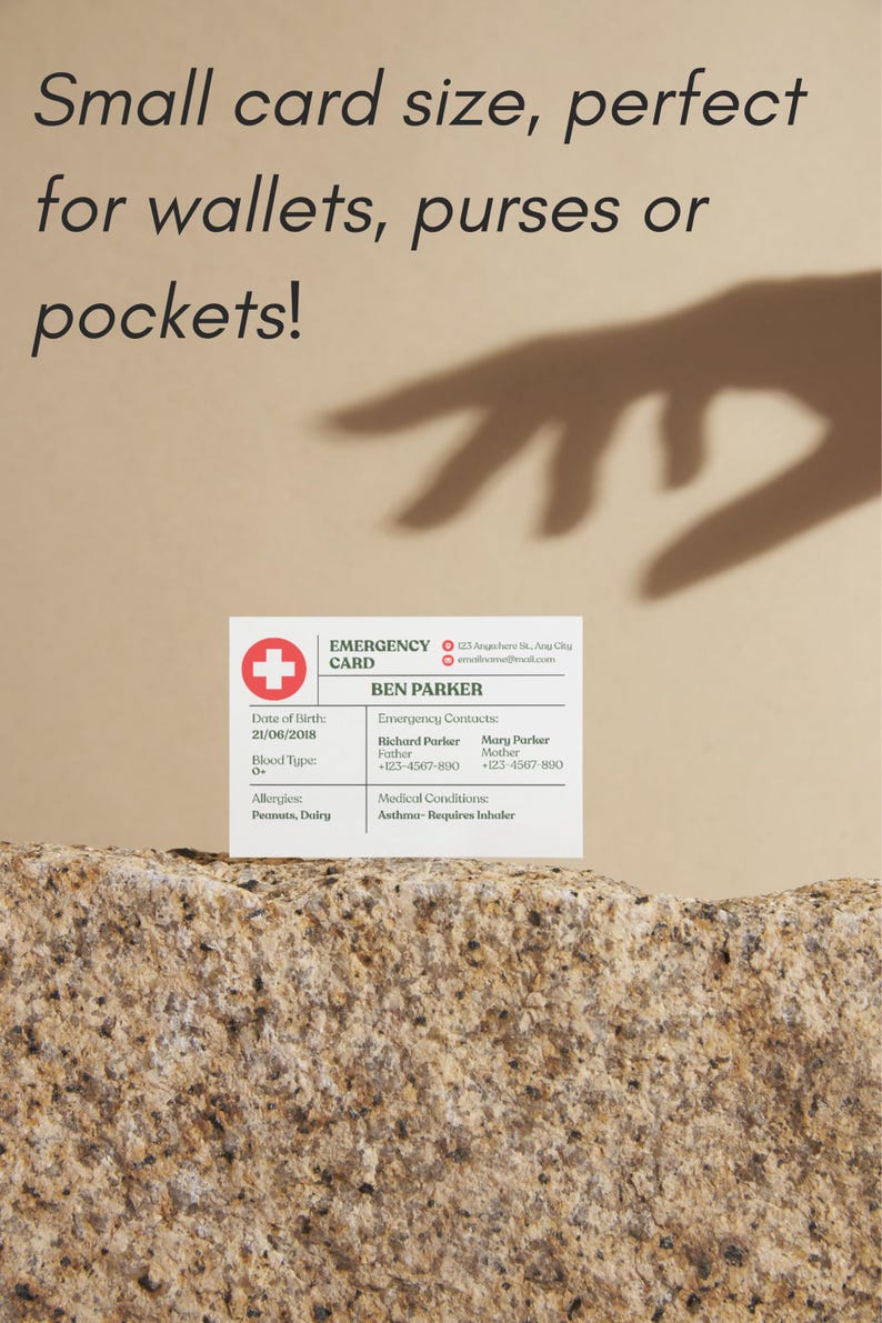 Emergency Contact Card | for Kids Adults | Emergency ID, Medical ...