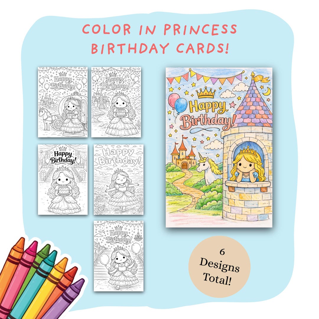 Happy Birthday Princess Card Coloring Set | 6 Princesses Themed ...