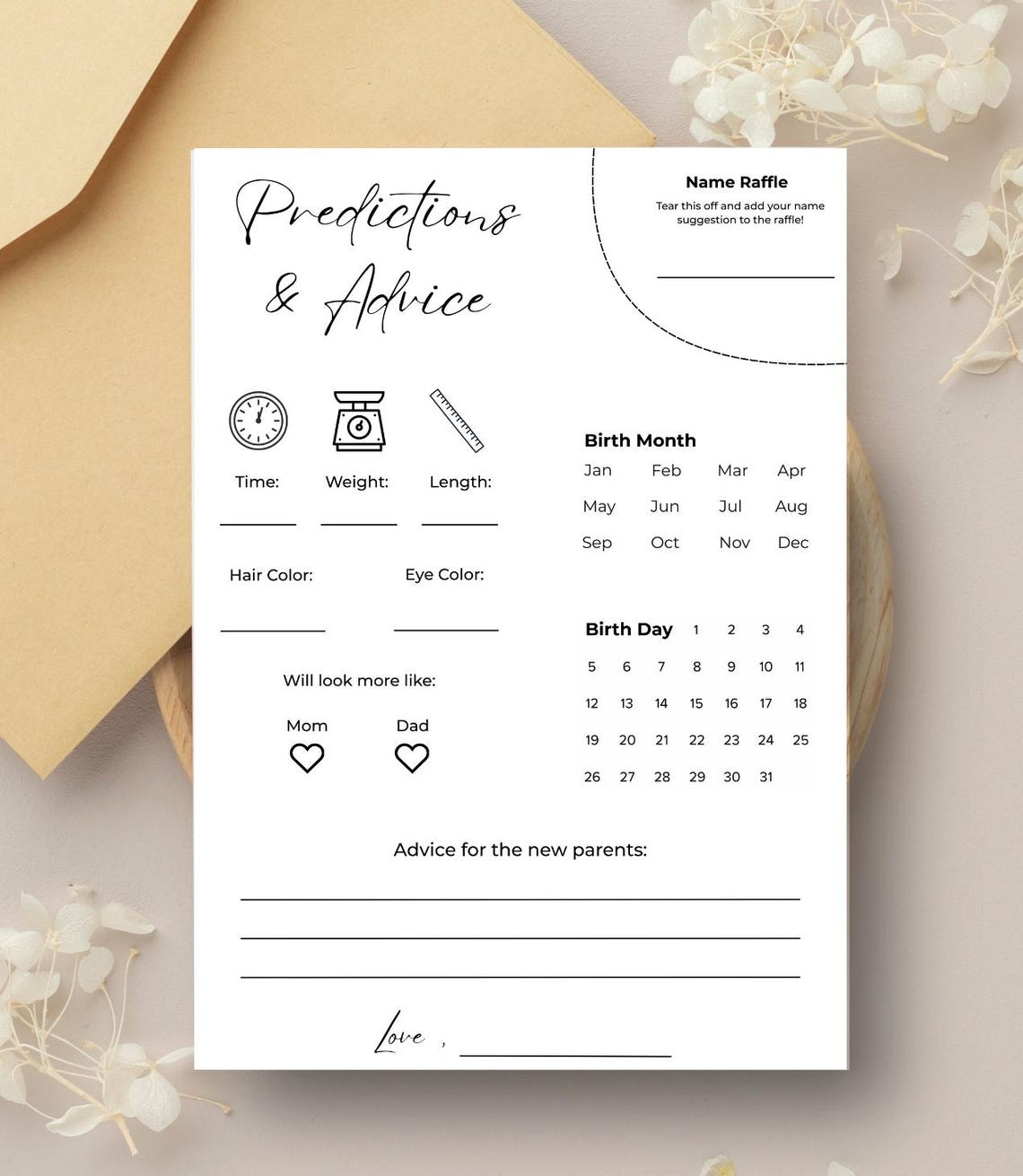 Baby Shower Predictions & Advice Game Sheet | Name Raffle Baby ...