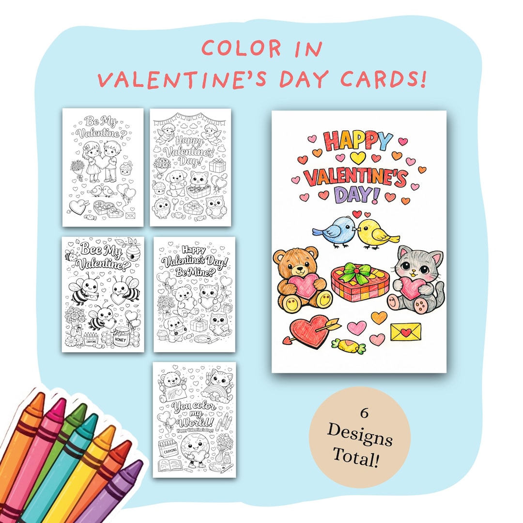 Valentine's Day Coloring Card Set | 6 Foldable Printable Happy ...