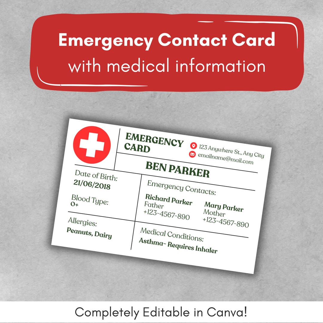 Emergency Contact Card | for Kids Adults | Emergency ID, Medical ...