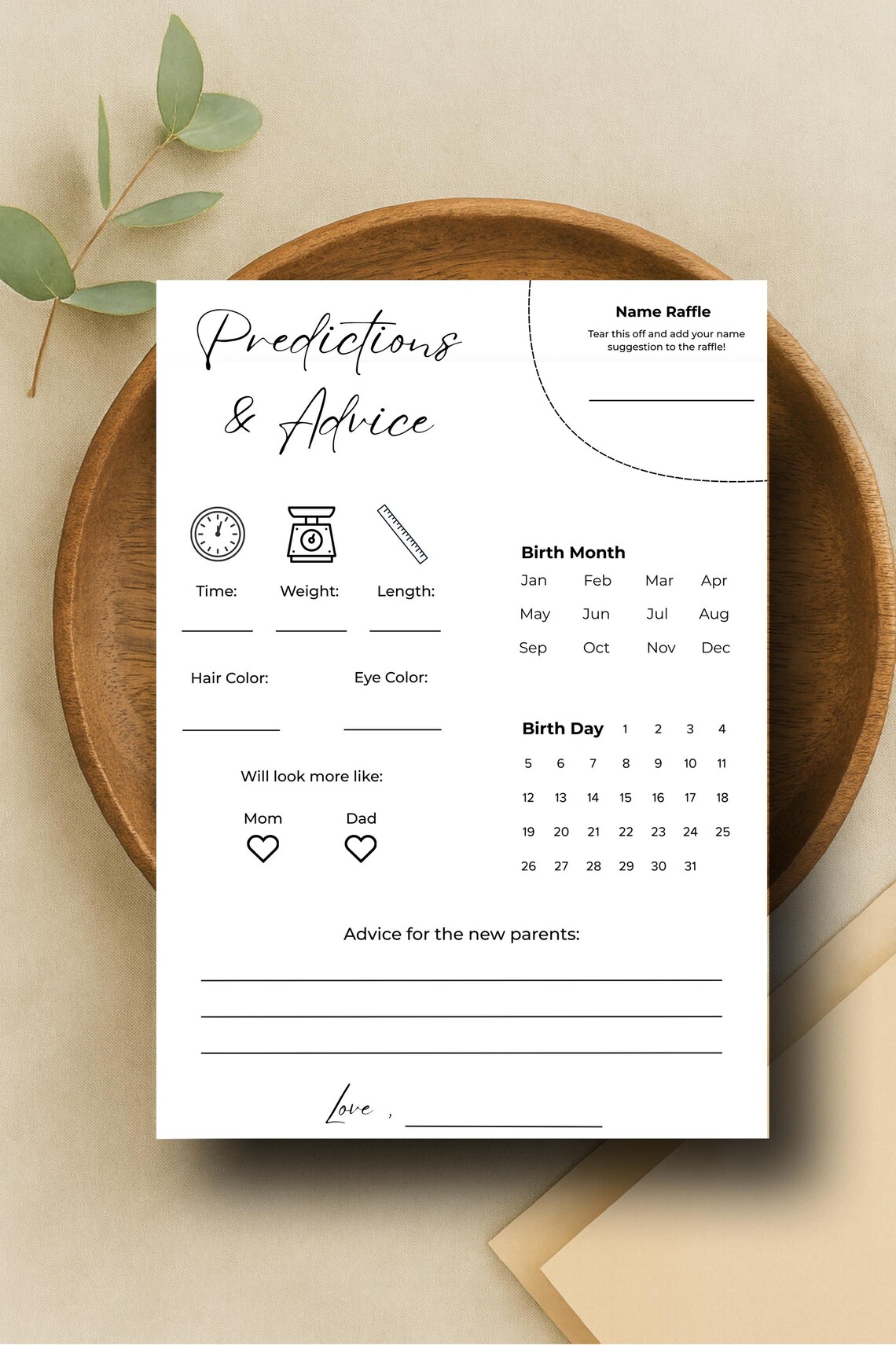Baby Shower Predictions & Advice Game Sheet | Name Raffle Baby ...
