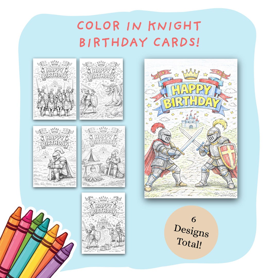 Happy Birthday Knight Card Coloring Set | 6 Knights Themed Foldable ...