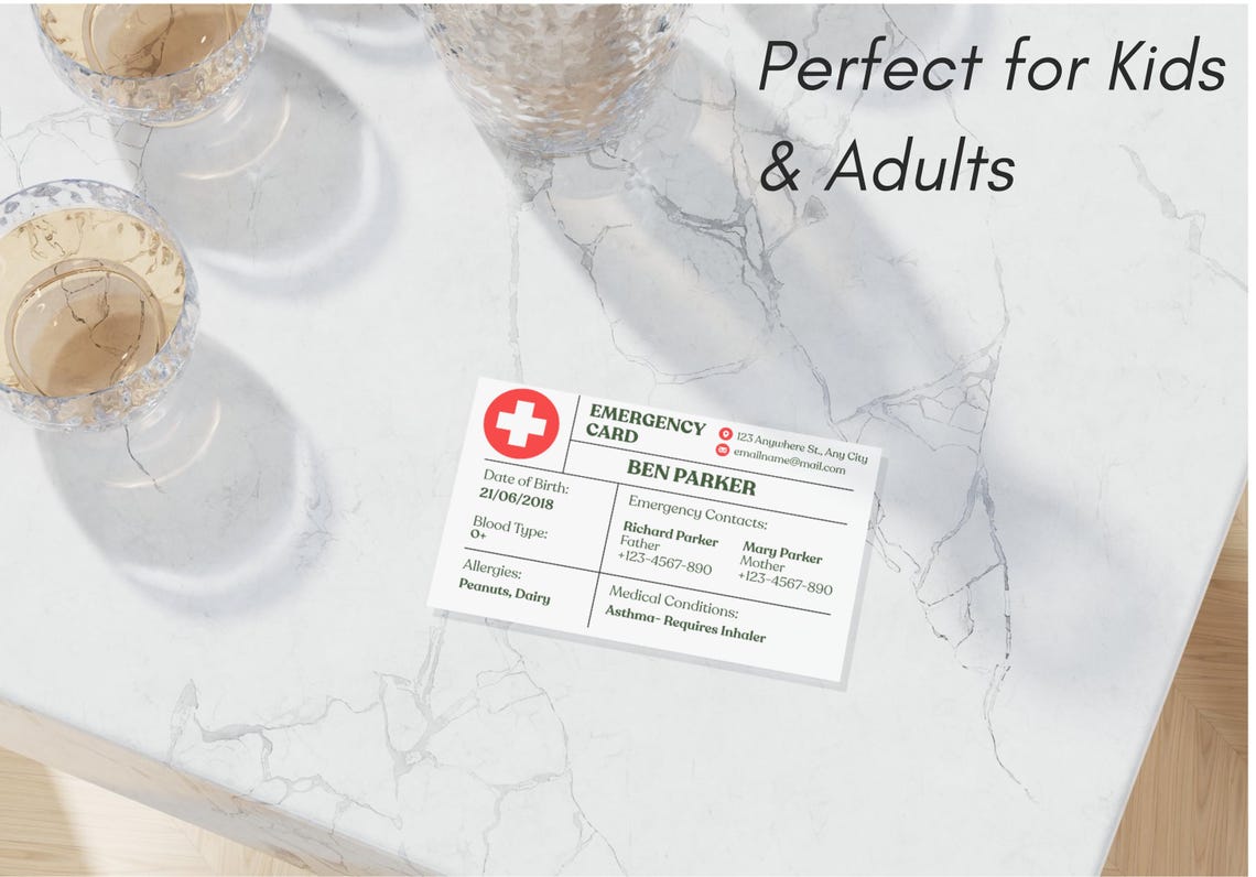 Emergency Contact Card | for Kids Adults | Emergency ID, Medical ...