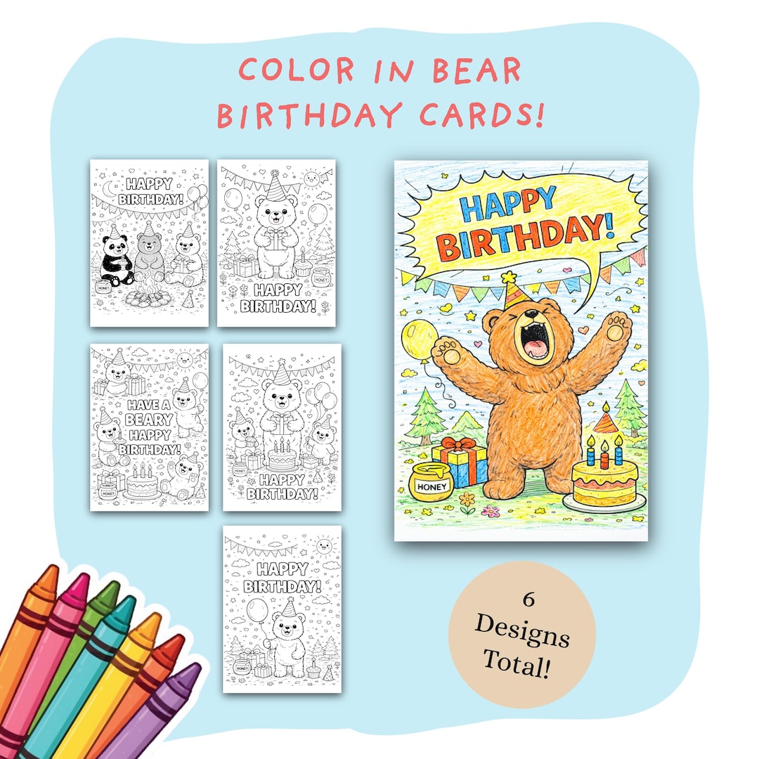 Happy Birthday Bear Card Coloring Set | 6 Bears Themed Foldable ...