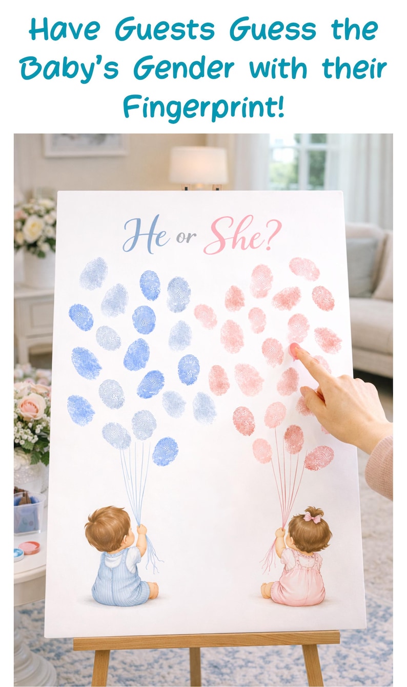 He or She Fingerprint Balloon Gender Reveal Voting Board | Baby Shower ...