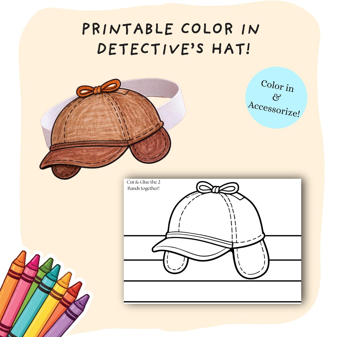 Detective Hat Coloring Cut Out Craft | Kids Cut Paste Craft Crown ...