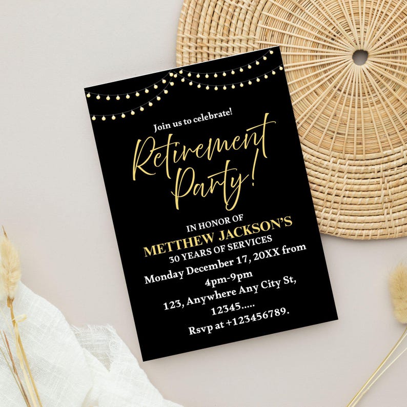 Retirement Party Invitation - Elegant Blue White Black + Silver ...