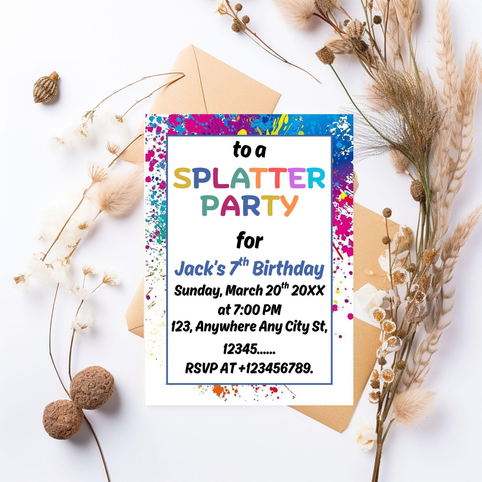 Splatter Paint Party Invitation, Paint Birthday Party, Canva 5x7 ...