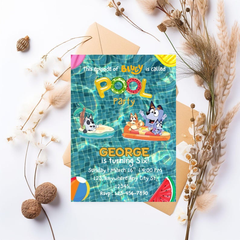 Bluey Pool Party Birthday Invitation, Bluey Birthday Invitation, Summer ...