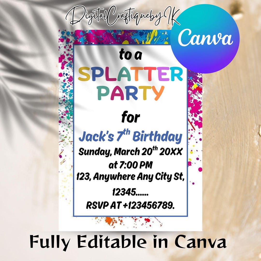 Splatter Paint Party Invitation, Paint Birthday Party, Canva 5x7 ...