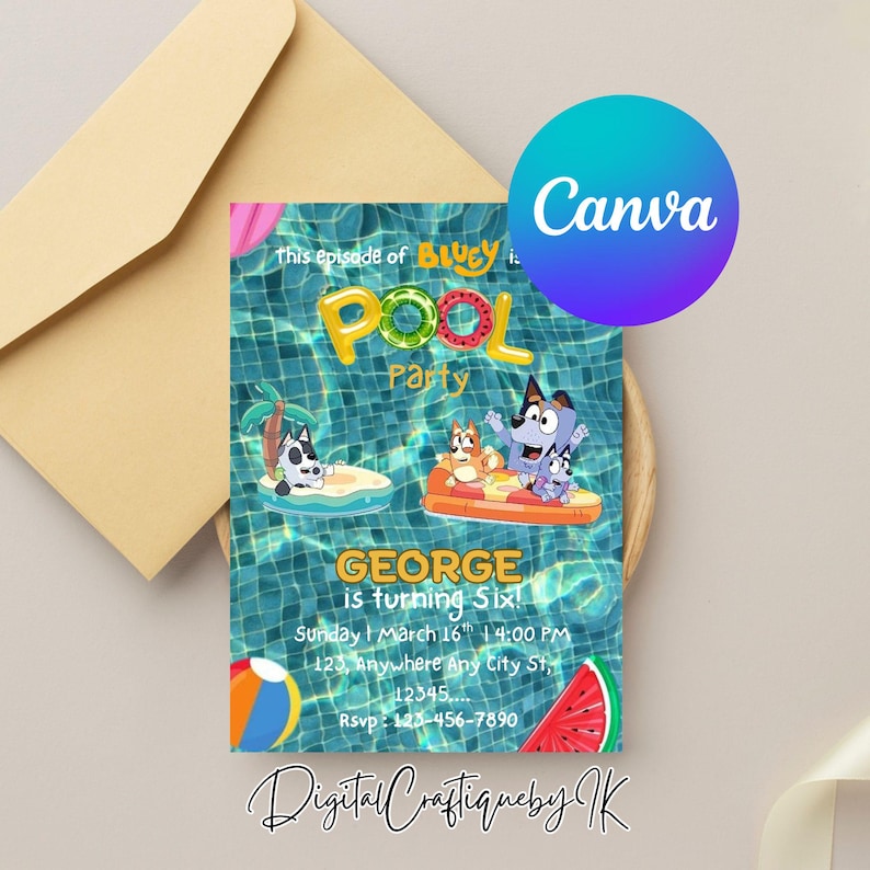 Bluey Pool Party Birthday Invitation, Bluey Birthday Invitation, Summer ...