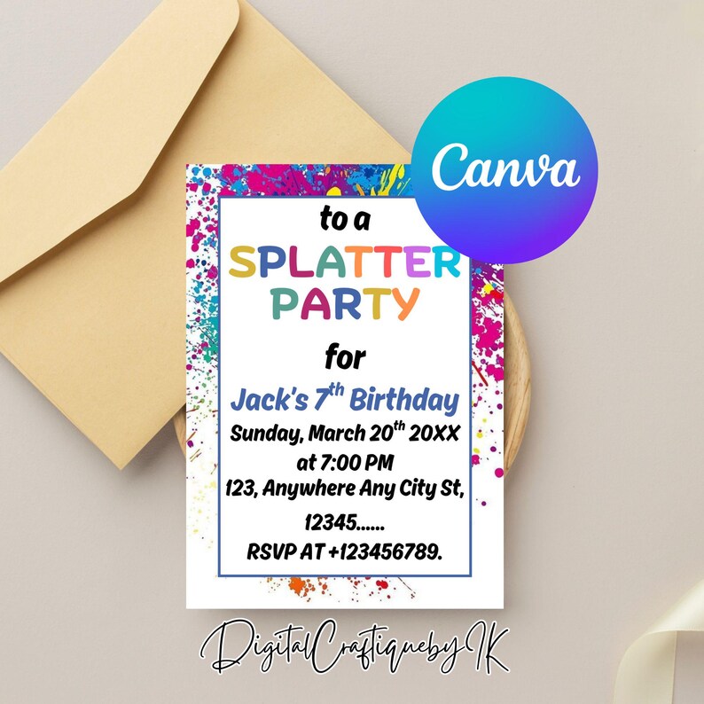 Splatter Paint Party Invitation, Paint Birthday Party, Canva 5x7 ...