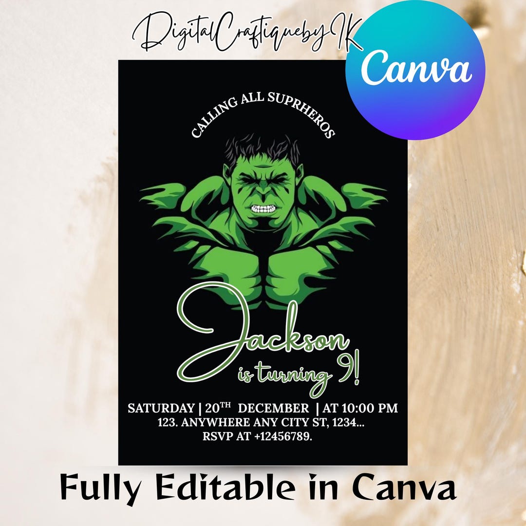 Editable Hulk Birthday Party Invitation Canva Template Instant Download ...