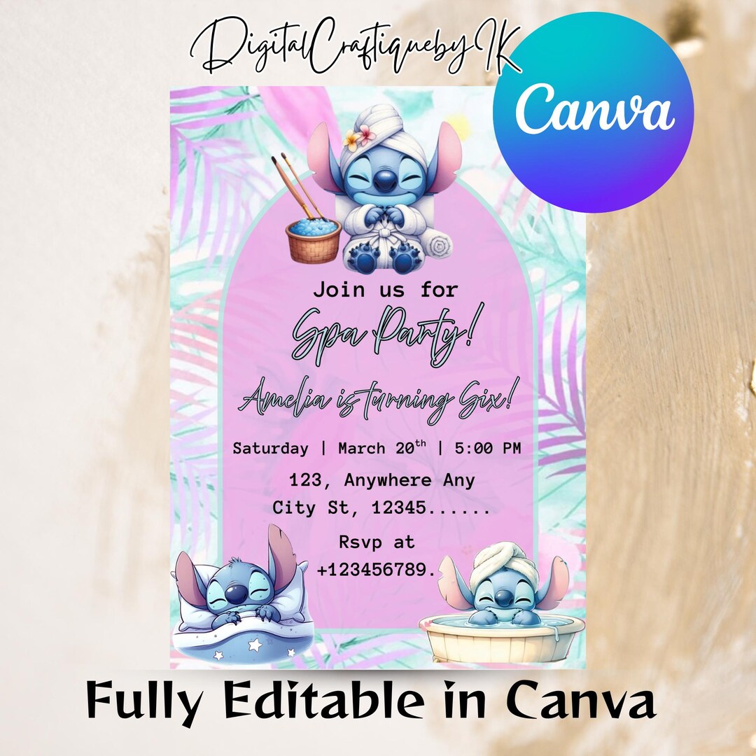 Personalized Stitch Spa Party Invitation, Stitch Birthday Spa Party ...