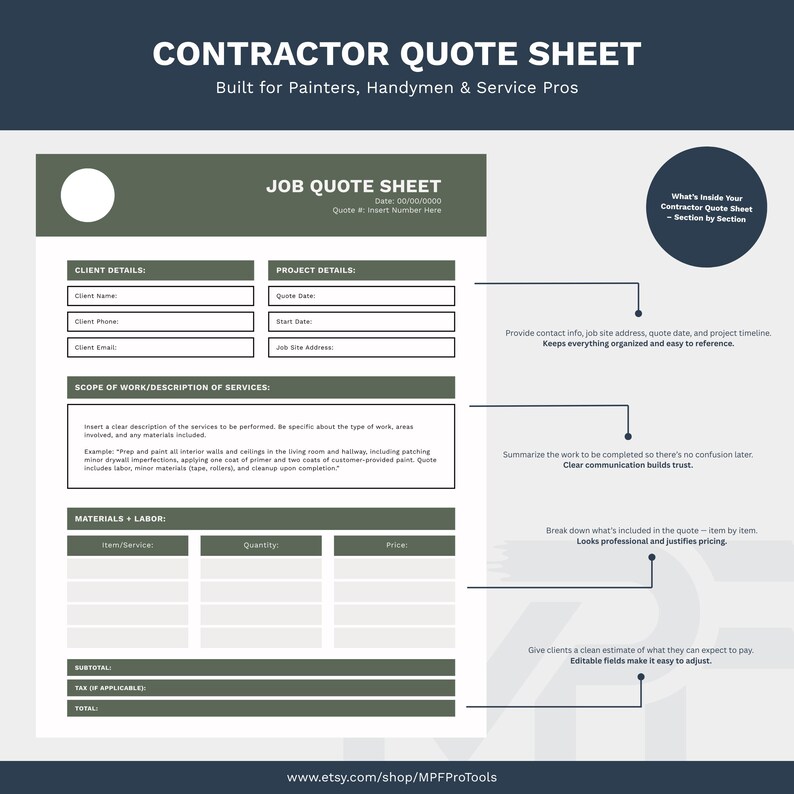 Editable Contractor Quote Sheet – Clean Job Estimate Template for ...