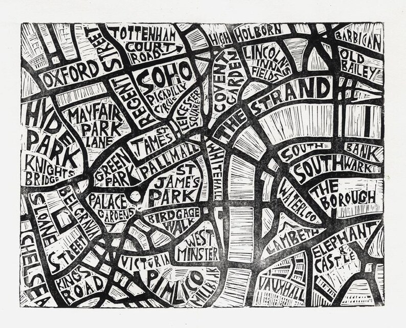 Typographic Linocut Map of London by Abigail Daker - Etsy