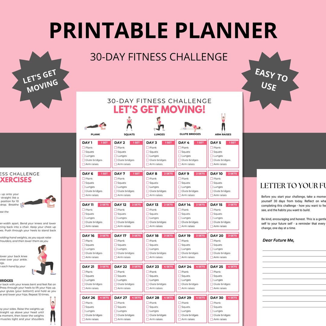 30-day Fitness Challenge Printable | Beginner Workout Plan (US & A4) - Etsy