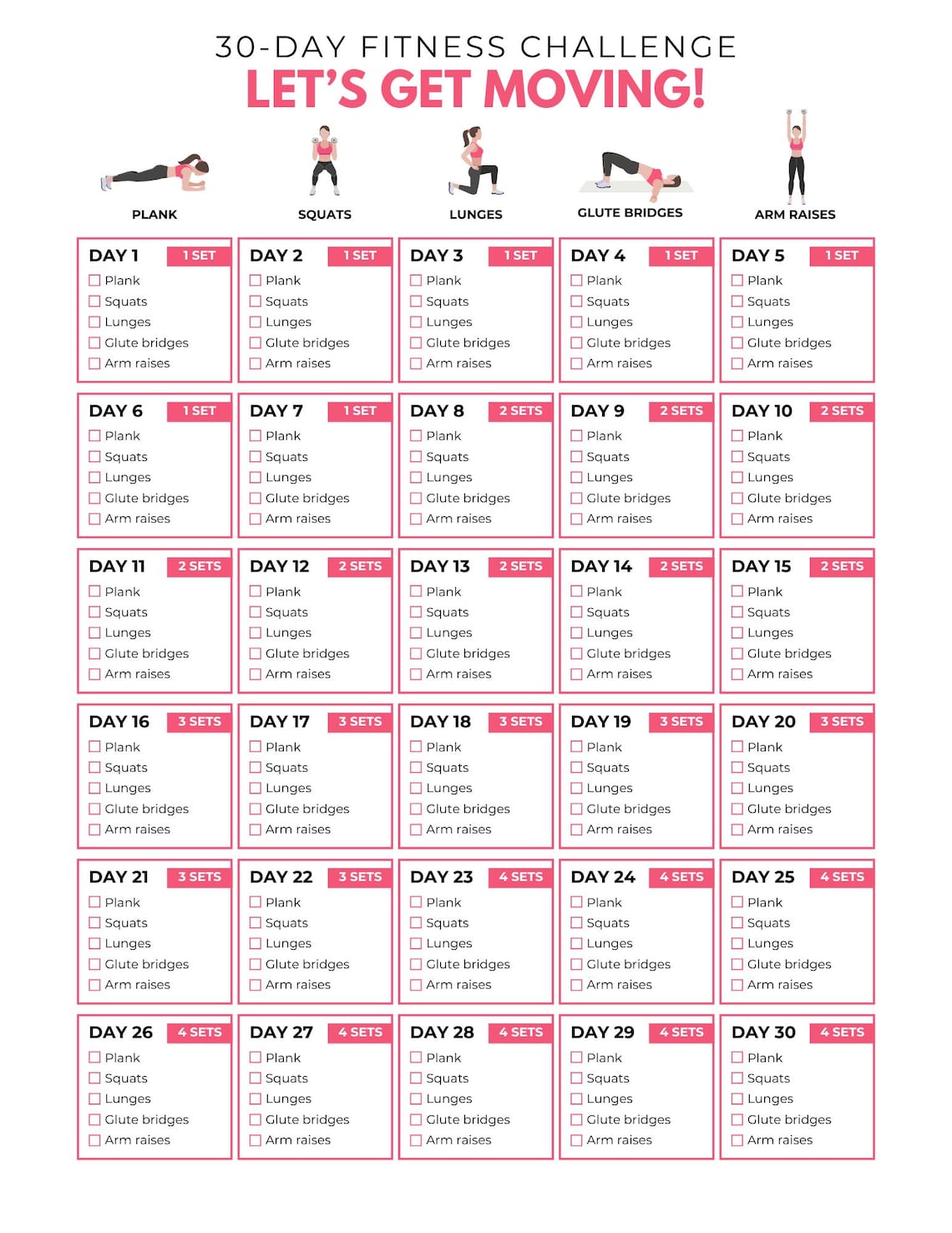 30-day Fitness Challenge Printable | Beginner Workout Plan (US & A4) - Etsy