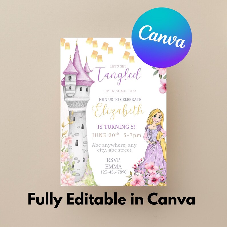 Editable Rapunzel Birthday Invitation, Princess Birthday Invitation ...