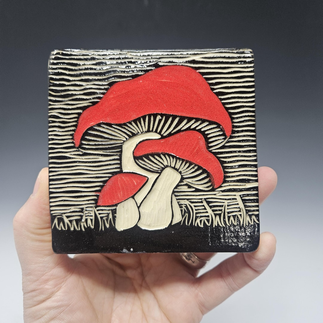 Handmade Sgraffito Mushroom Tile : Home Decor Art Tile With Red ...