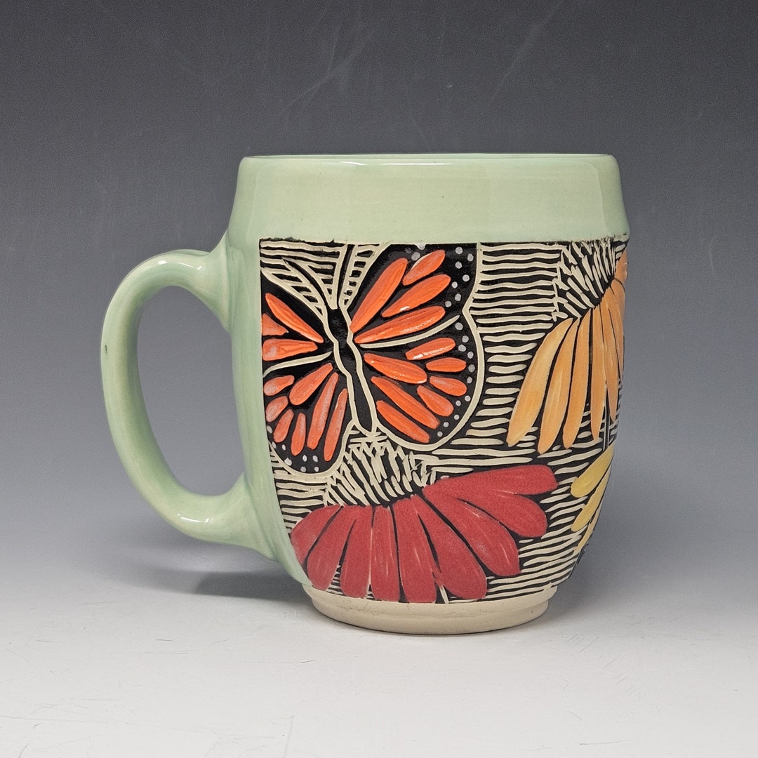 Handmade Sgraffito Mug With Monarch and Coneflowers Design: Pale Green ...