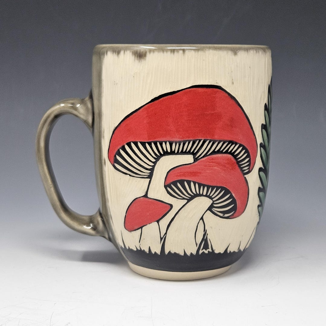 Handmade Sgraffito Mug With Mushrooms Design: Gray Glaze, Green Fern ...