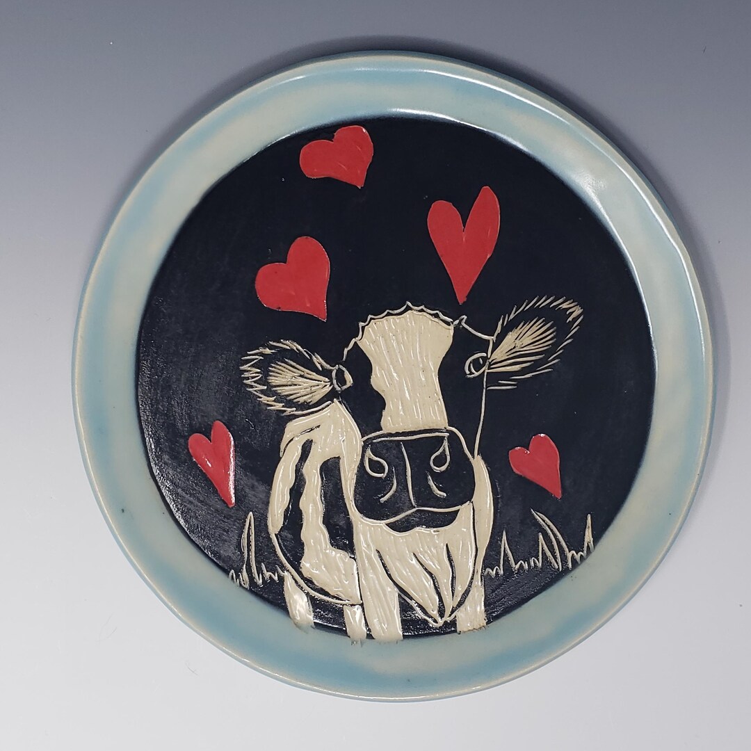 Cow Lunch Plate | Serving Dish | Carved Cow and Hearts Plate | One-of-a ...