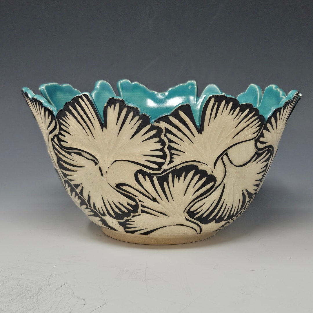 Handmade Ginkgo Sgraffito Bowl Fruit Bowl Salad Bowl Decorative Bowl ...